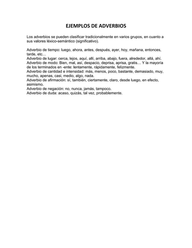 140 Ejemplos De Adverbios _ Tipos De Adverbios En Español – DLPC