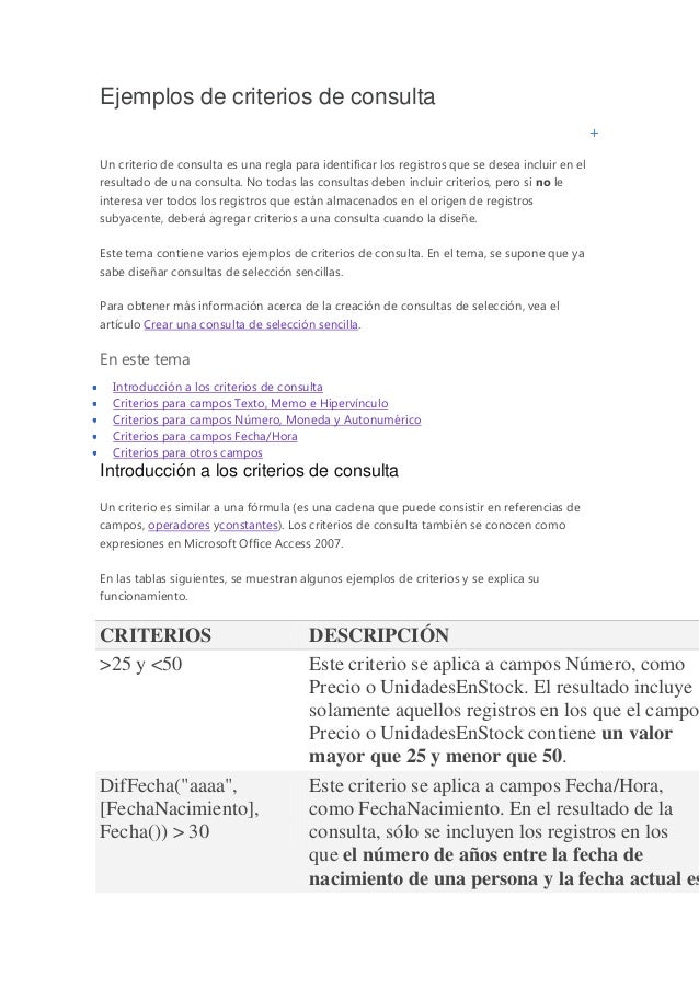Ejemplos De Criterios De Consulta Access 2007 Opciones De Ejemplo