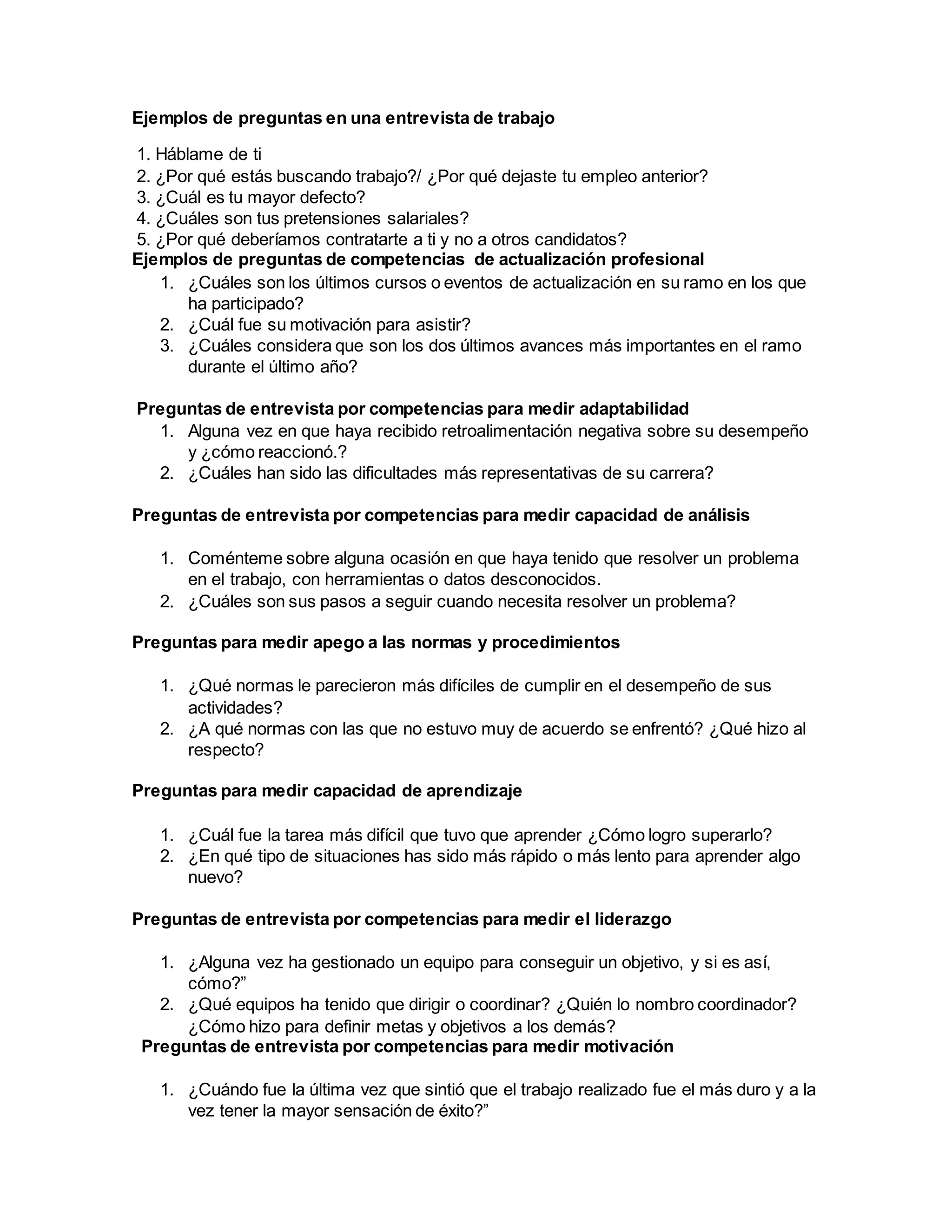 Ejemplos de preguntas en una entrevista de trabajo | DOCX