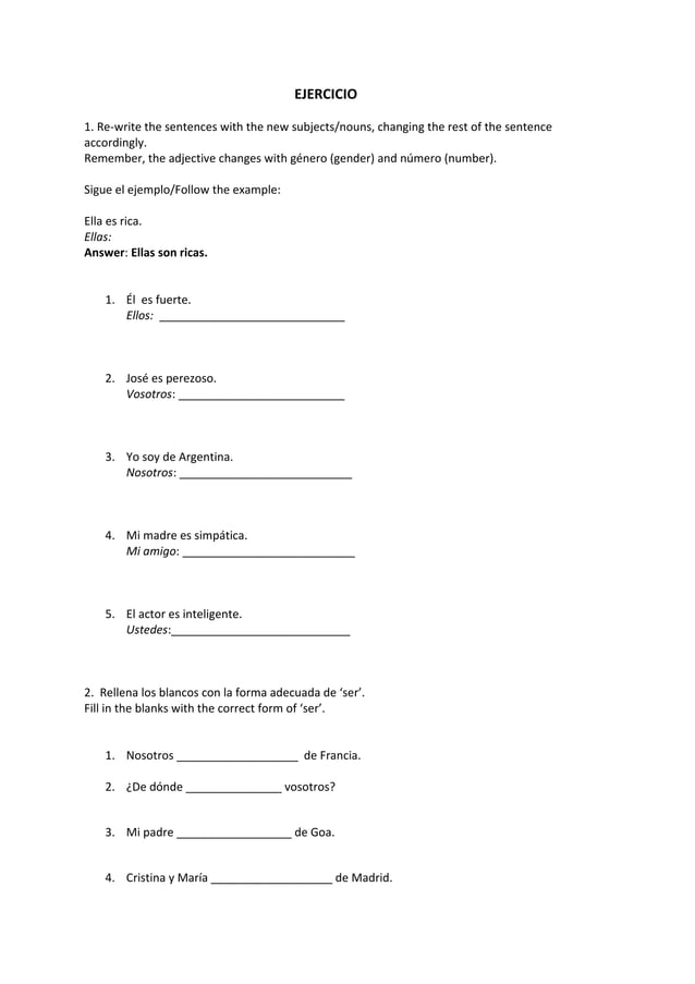 Spanish Ejercicio ser, adjetivos | PDF
