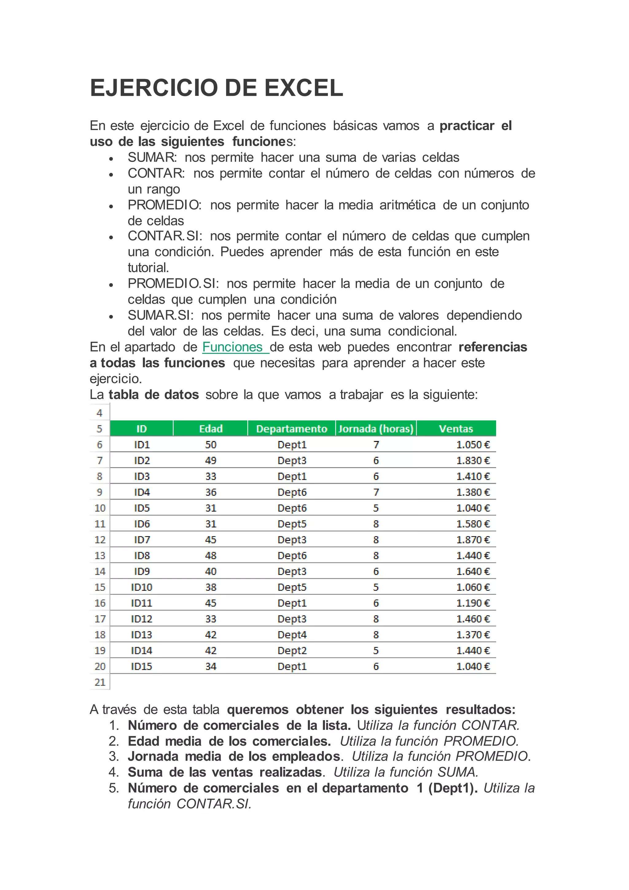 Ejercicio de excel | DOCX