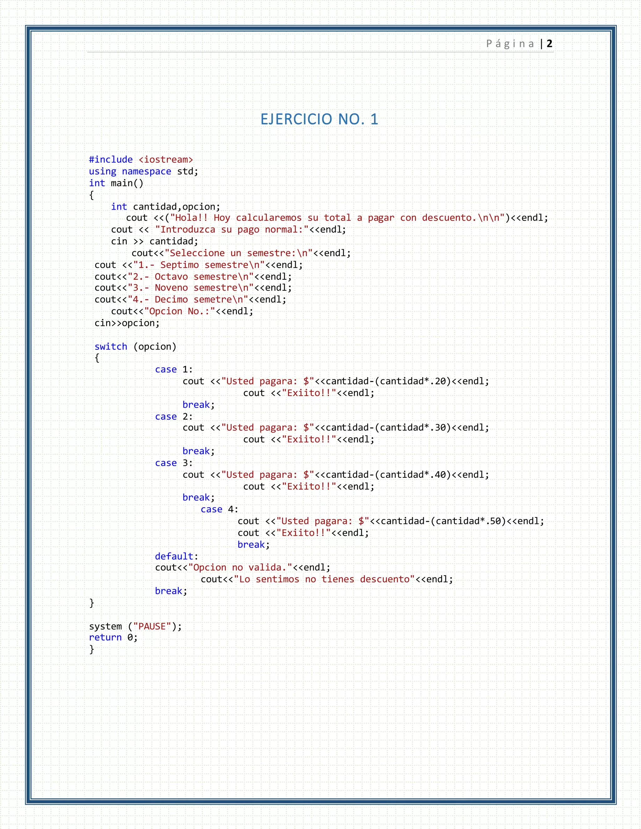 Algoritmos y Lenguaje de Programación - Ejercicios de: case | PDF