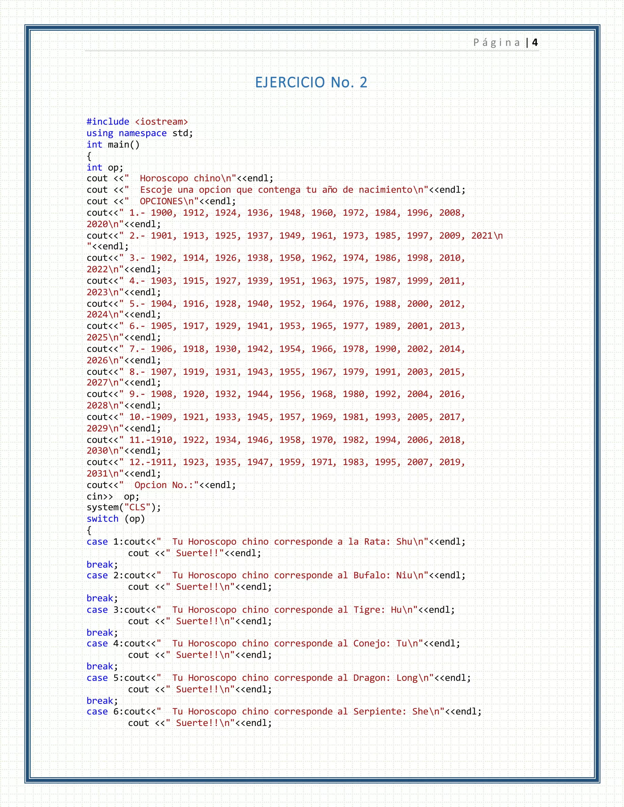 Algoritmos y Lenguaje de Programación - Ejercicios de: case | DOCX