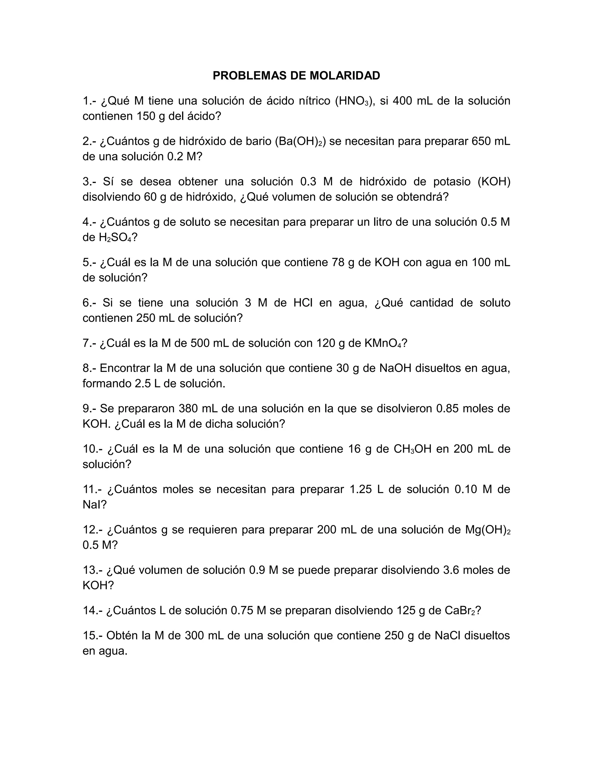 EJERCICIOS DE MOLARIDAD | PDF