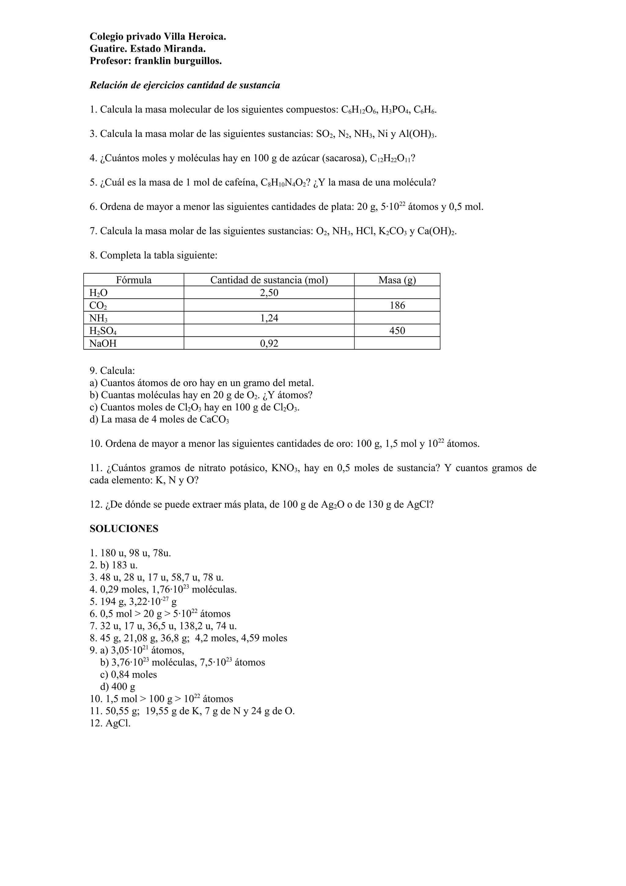 Ejercicios moles 3° año | DOC