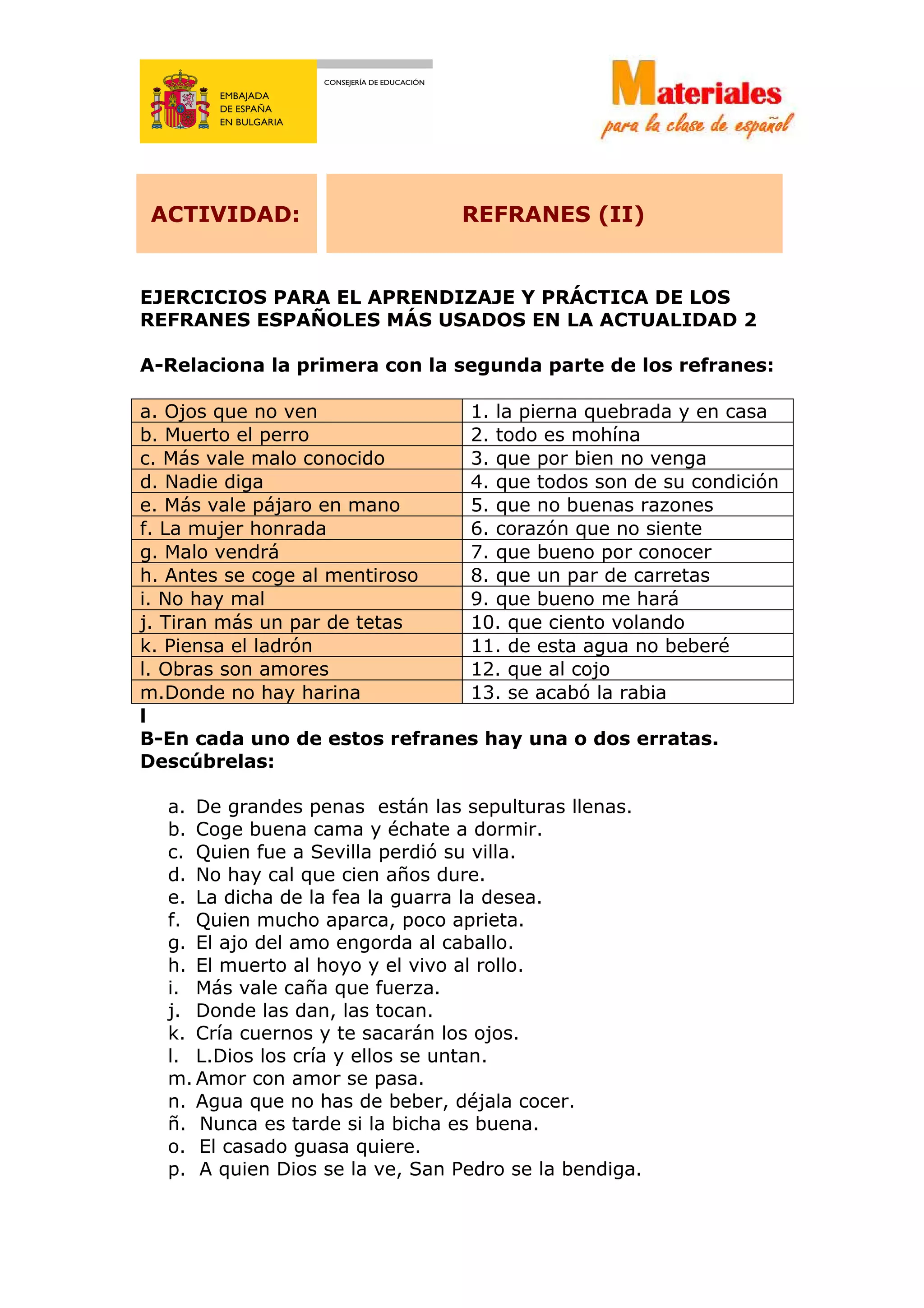 Ejercicios con refranes | PDF