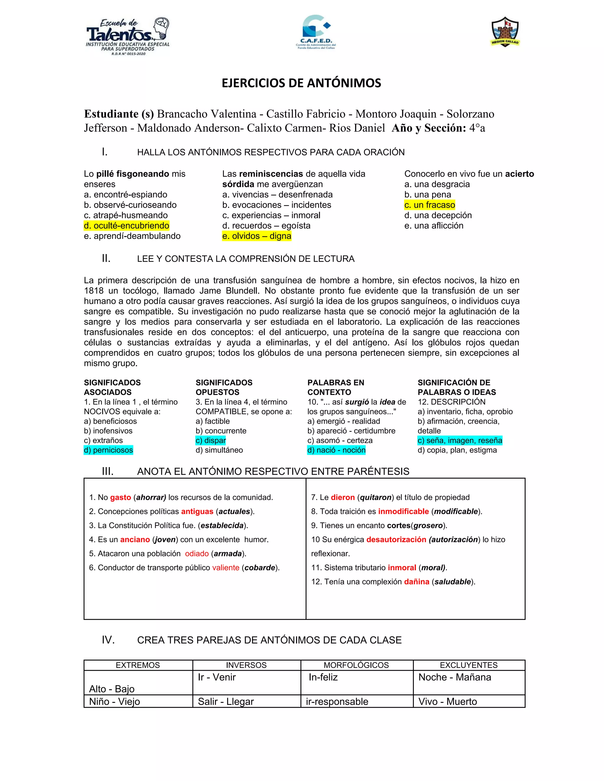 Ejercicios de Antónimos - RV | PDF