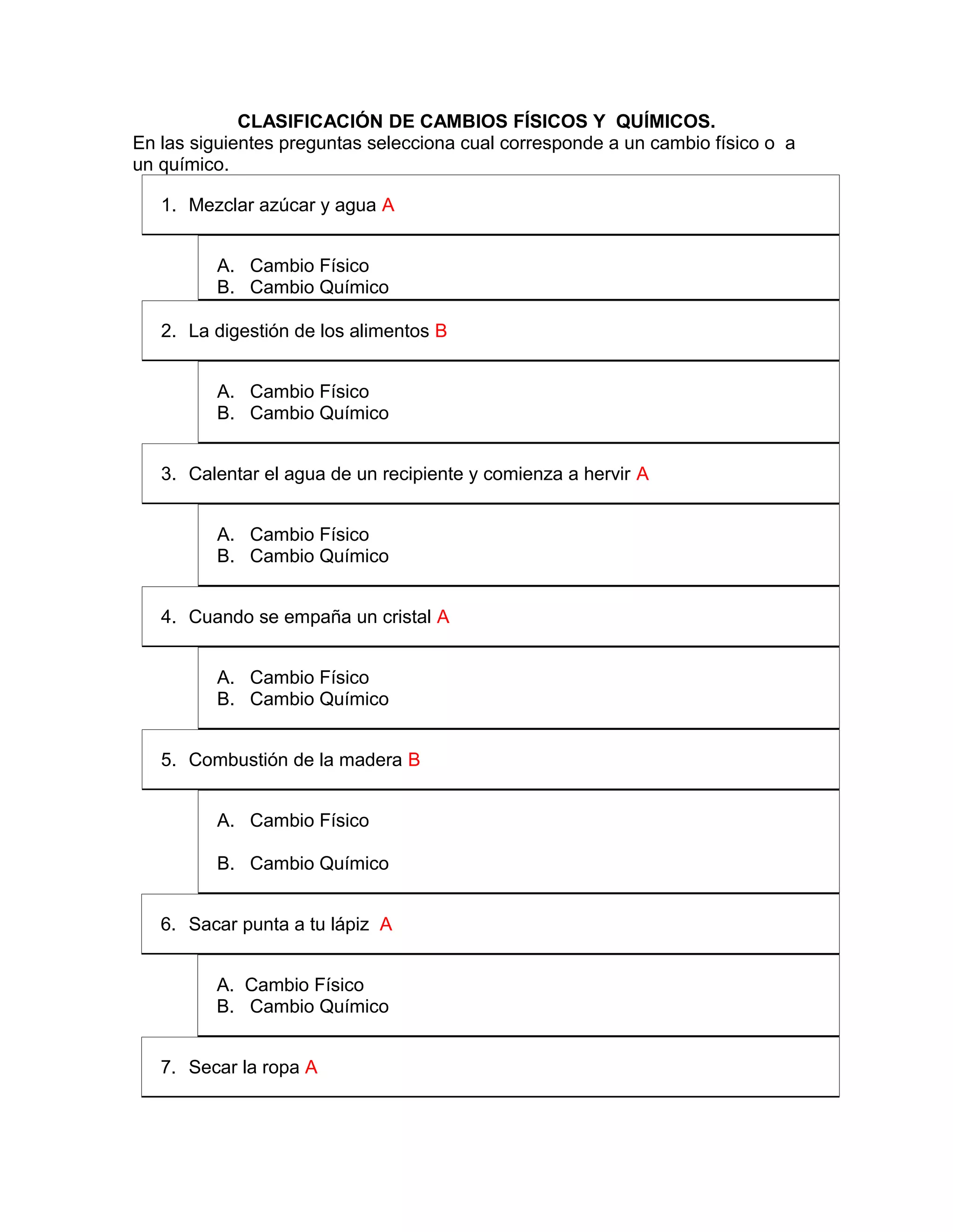 Ejercicios de clasificación de cambios físicos y químicos | DOC