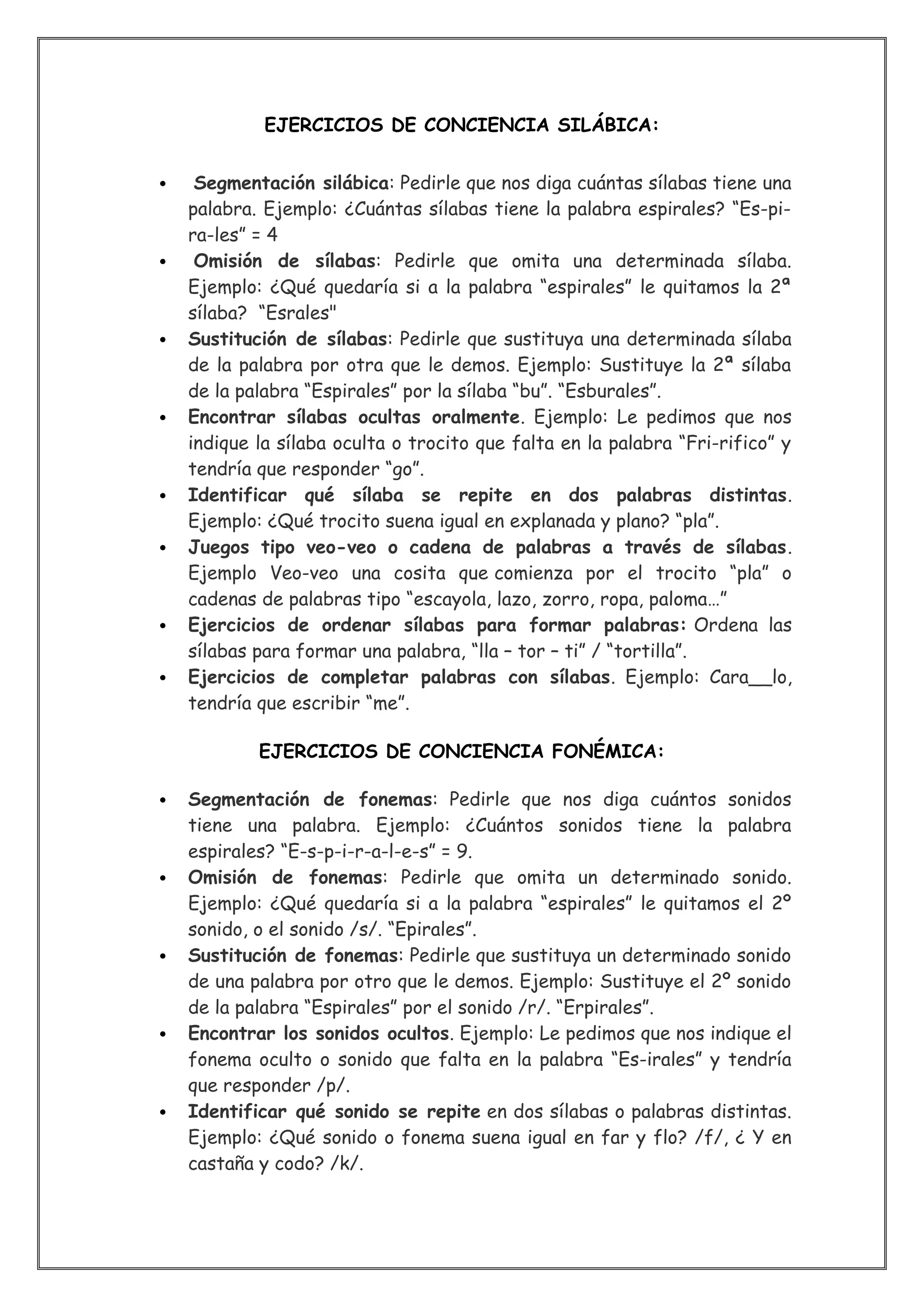 EJERCICIOS DE CONCIENCIA SILÁBICA. educacion fonoaudiologiadocx | DOCX