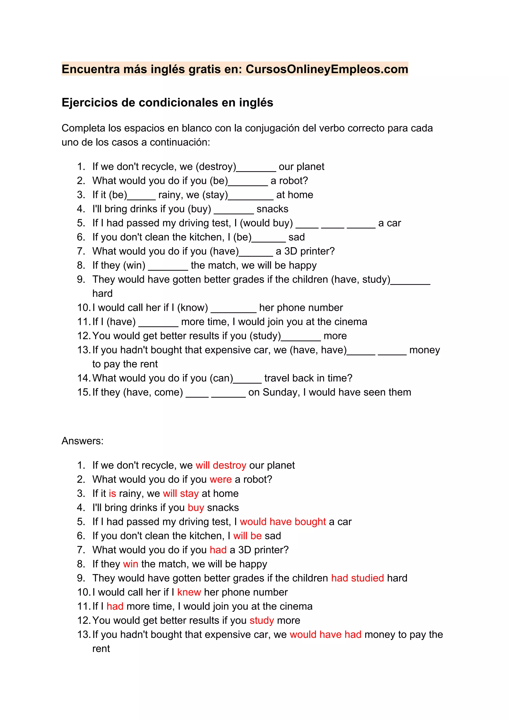 Ejercicios de condicionales en ingles | PDF