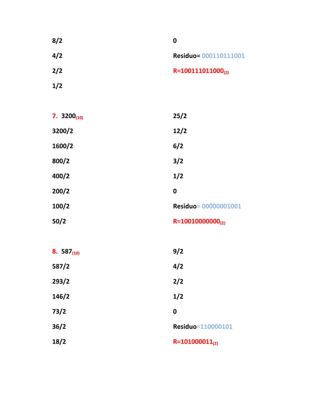 Ejercicios de conversión decimal a binario y de binario a decimal | PDF