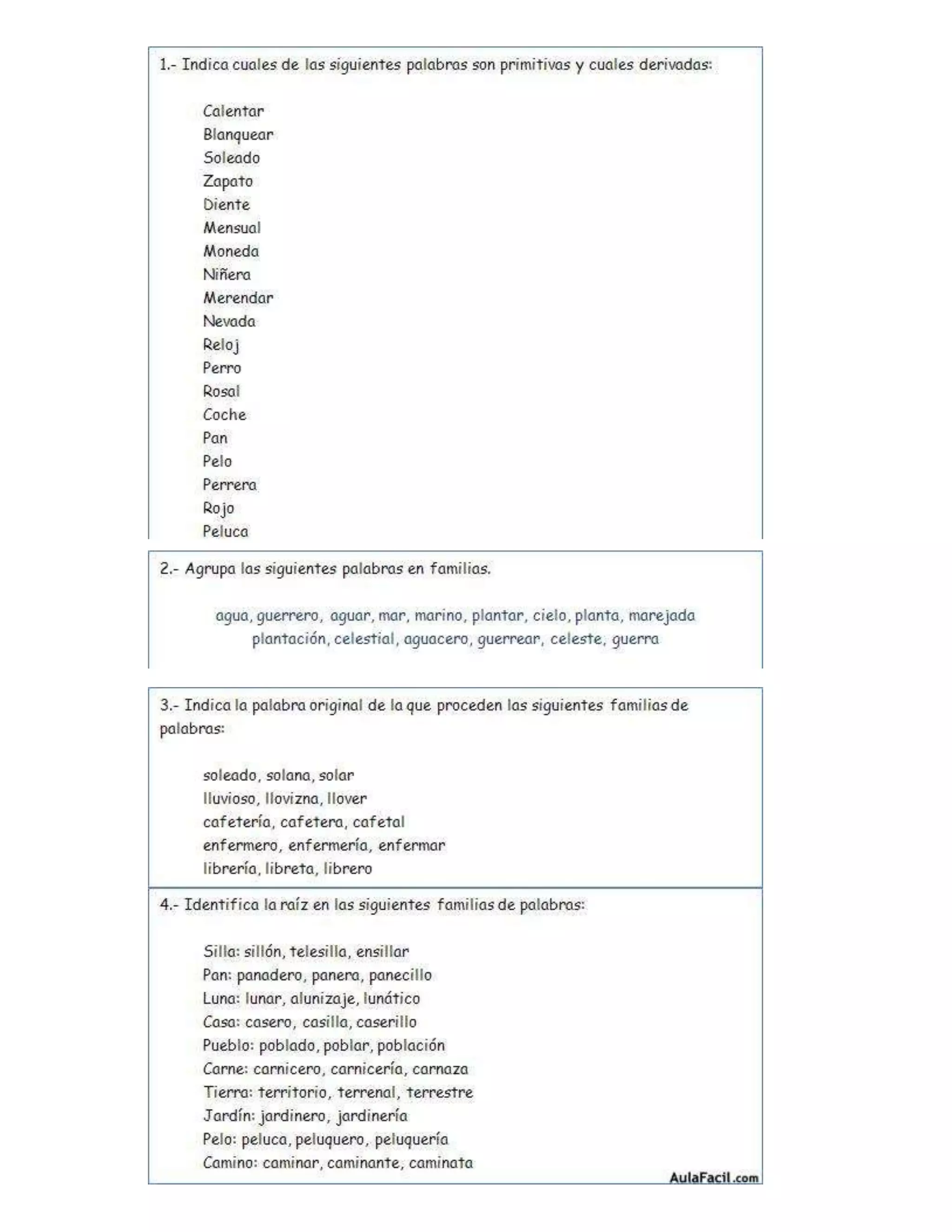 Ejercicios palabras primitivas y derivadas | PDF