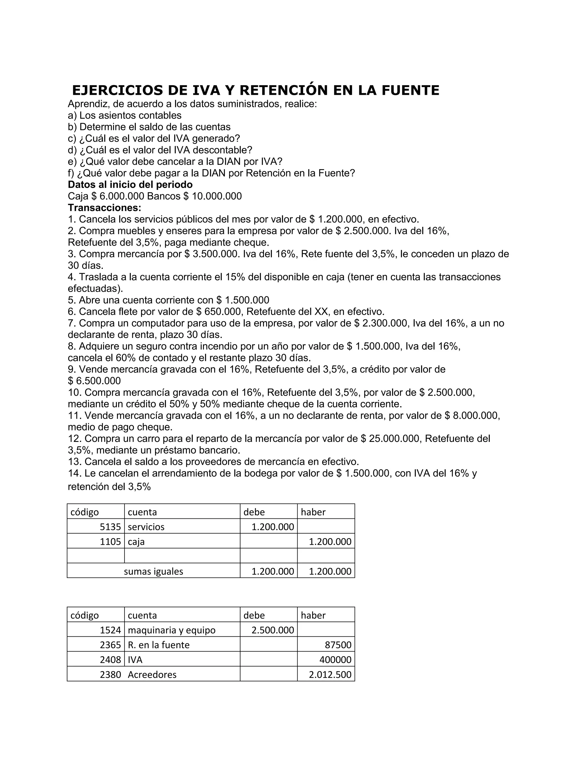 Ejercicios de iva y retención en la fuente | PDF