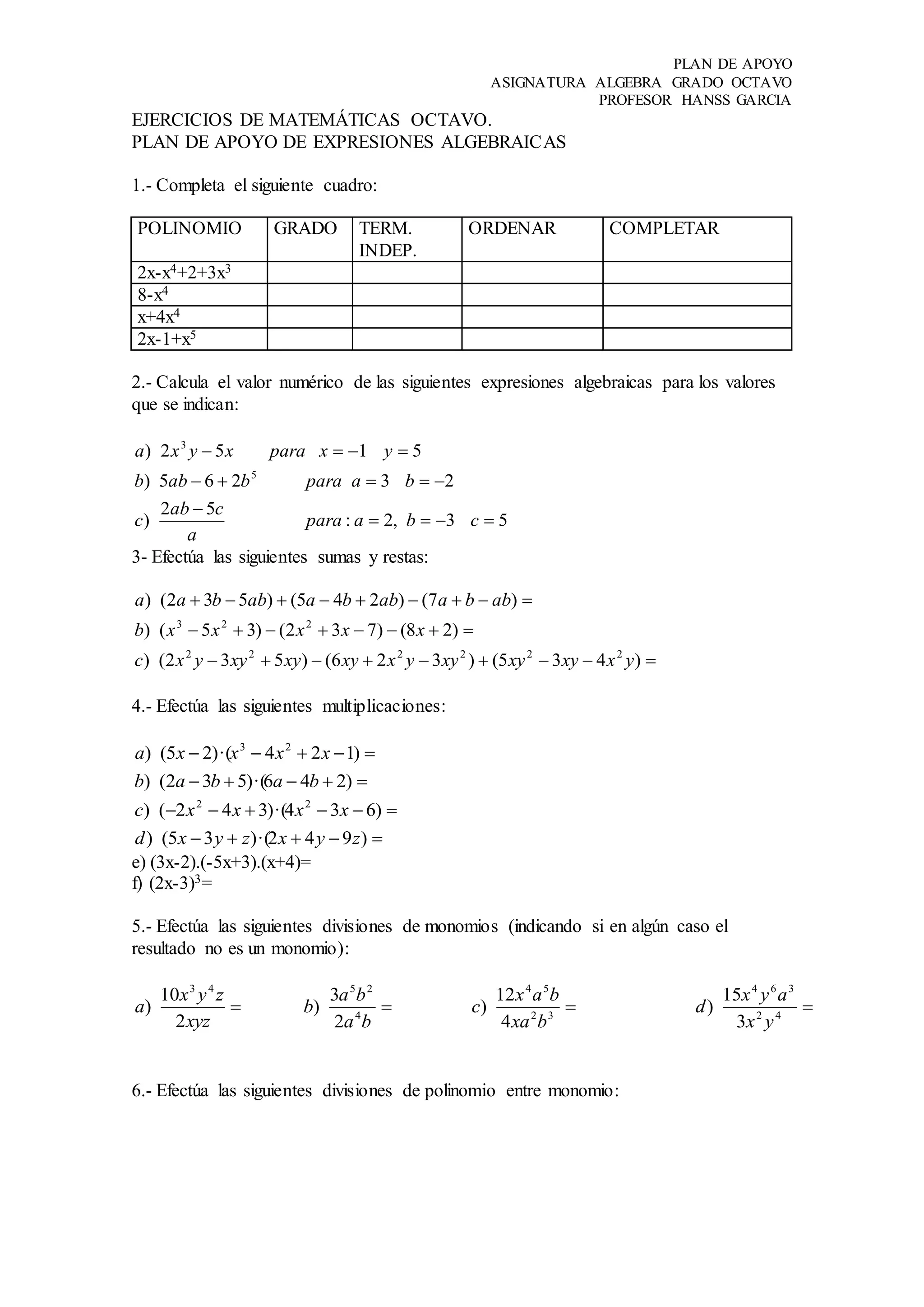 Ejercicios de matemáticas octavo | DOCX