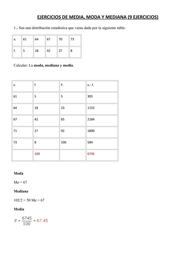 Ejercicios de media, moda y mediana (9 ejer) (2) | PDF