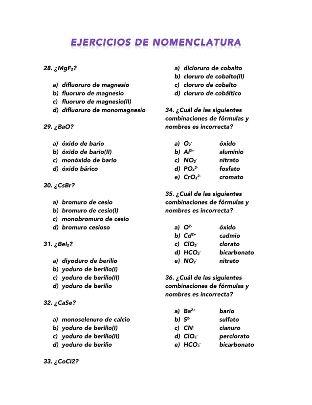 Ejercicios de nomenclatura | PDF