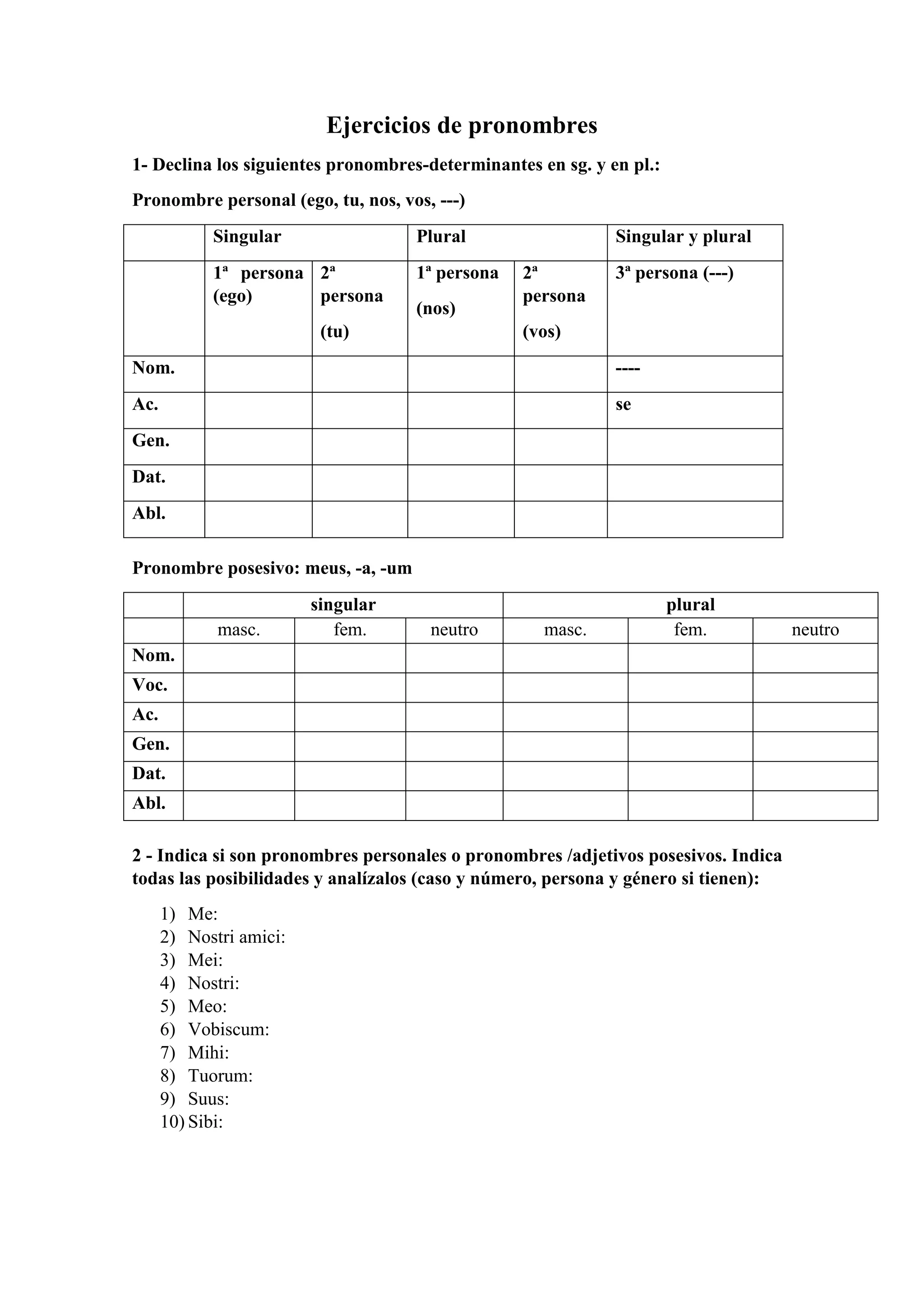 Ejercicios de pronombres personales y posesivos en latin | PDF