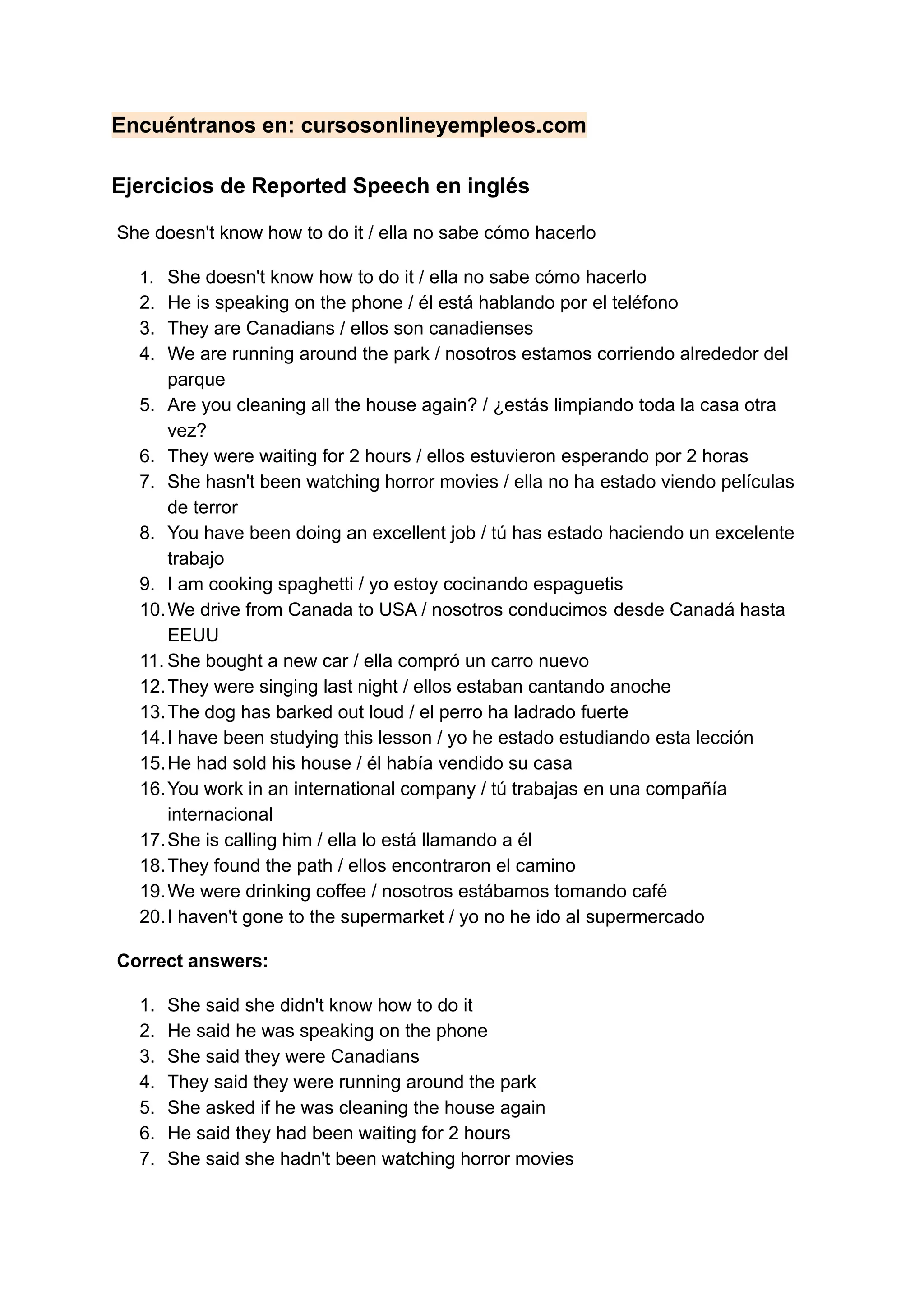 Ejercicios de reported speech en ingles | PDF