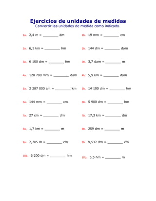 Ejercicios de unidades de medidas | PDF