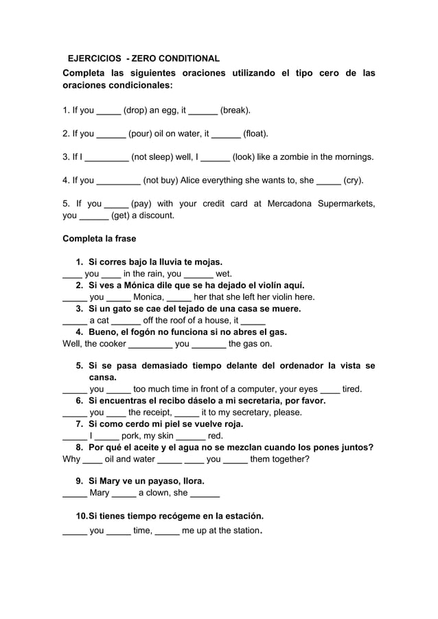 Ejercicios de zero and primer condicional pdf | PDF