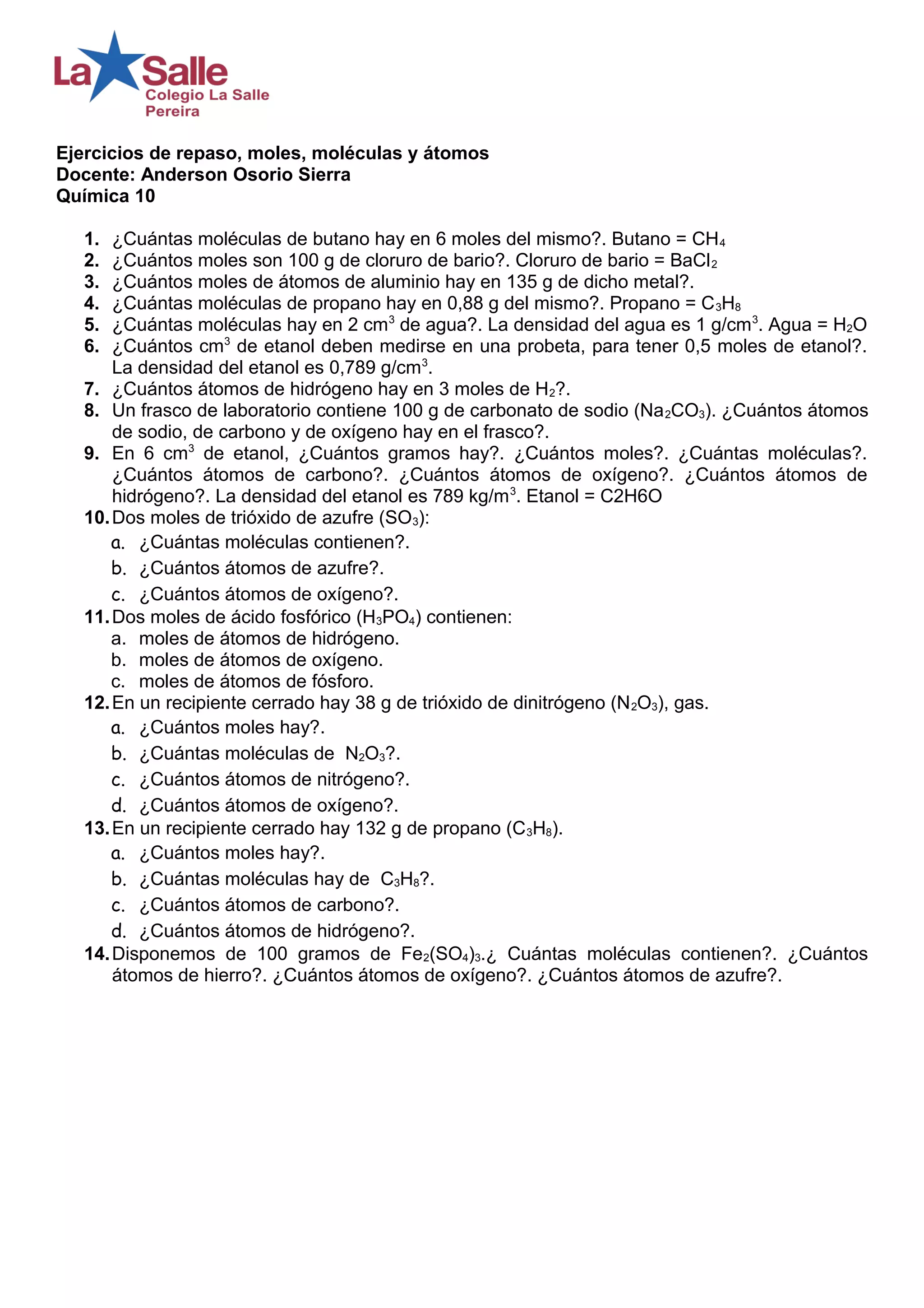Ejercicios,moles,moléculas,y átomos (1) | DOC