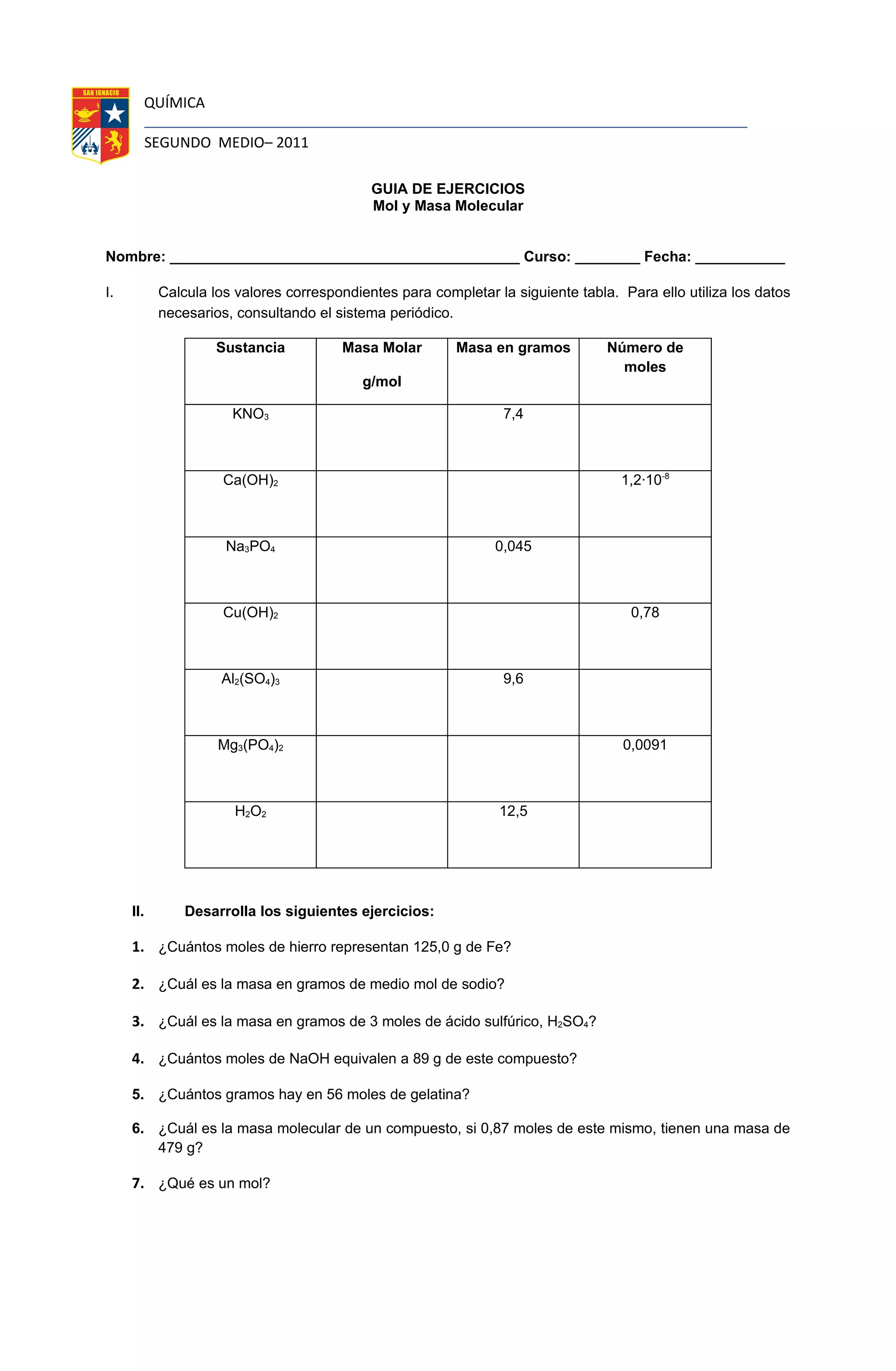 Ejercicios mol y masa molecular | DOC