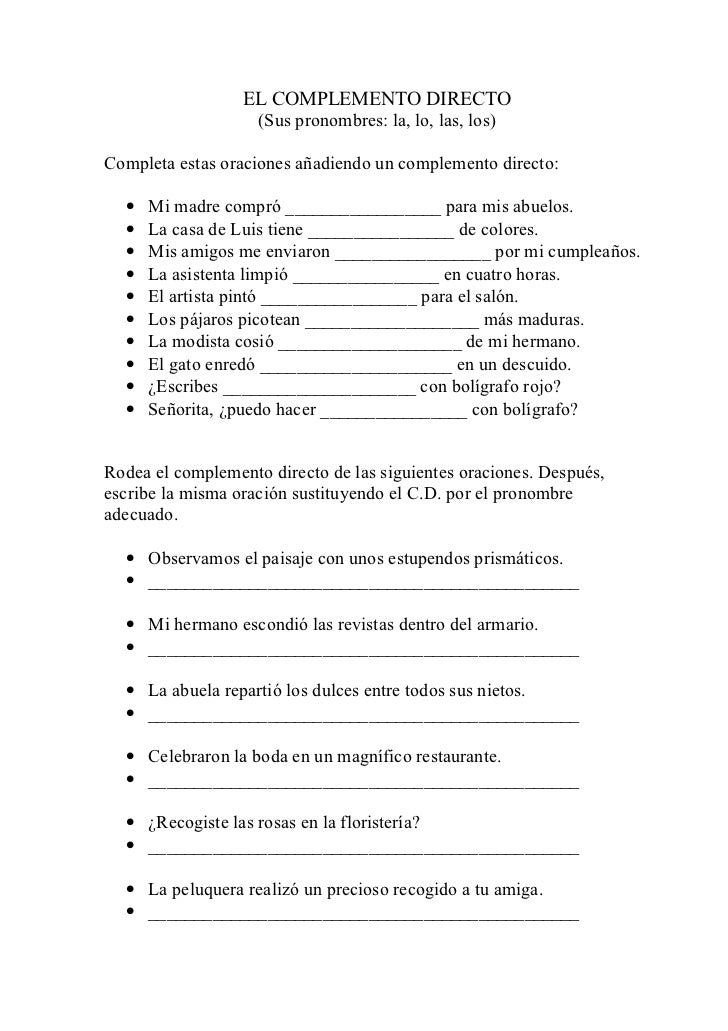 Ejercicios primaria complemento directo Ejercicios primaria complemento directo