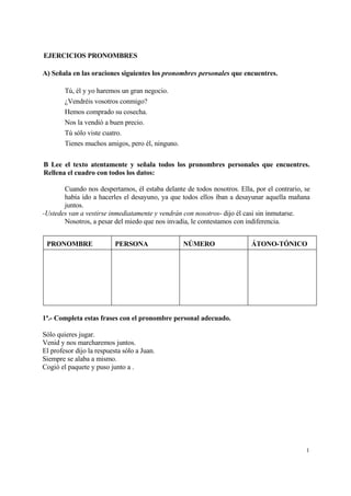 Ejercicios De Pronombres De Sujeto