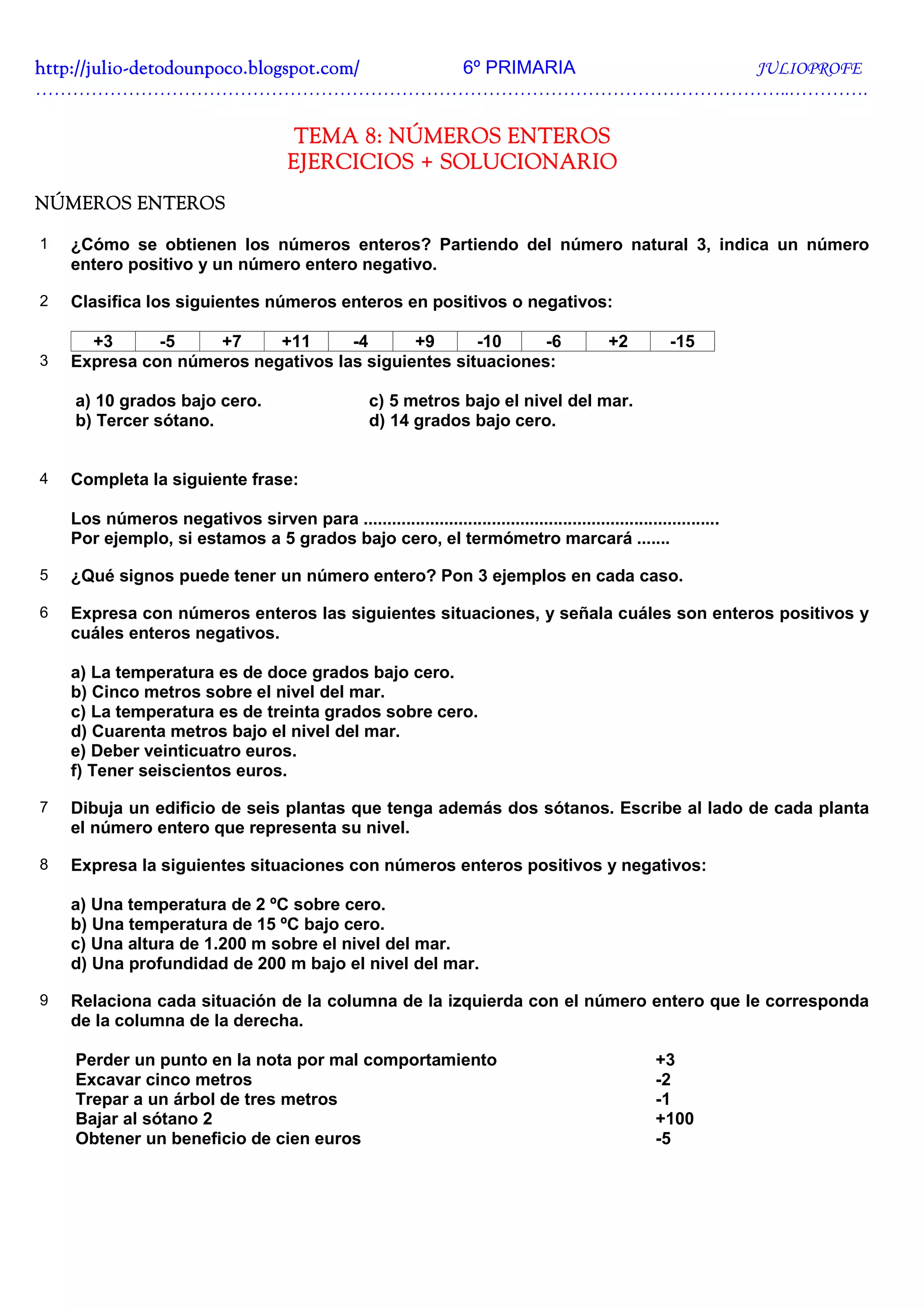 Los números enteros Ejercicios + Solucionario | PDF