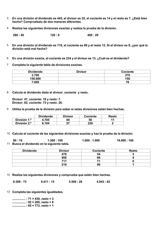 Ejercicios + solucionario la división | PDF