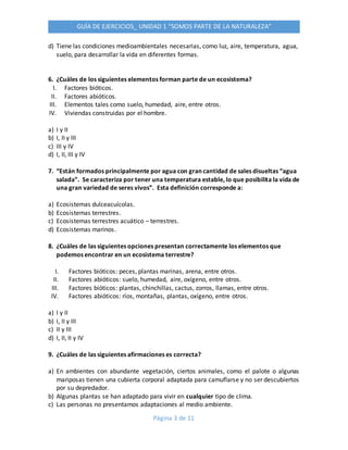Ejercicios unidad 1 somos parte de la naturaleza | DOCX