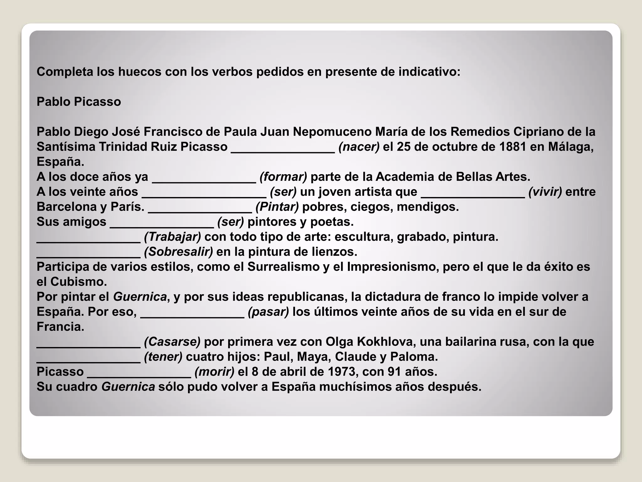 Ejercicios verbos presente de indicativo | PPTX