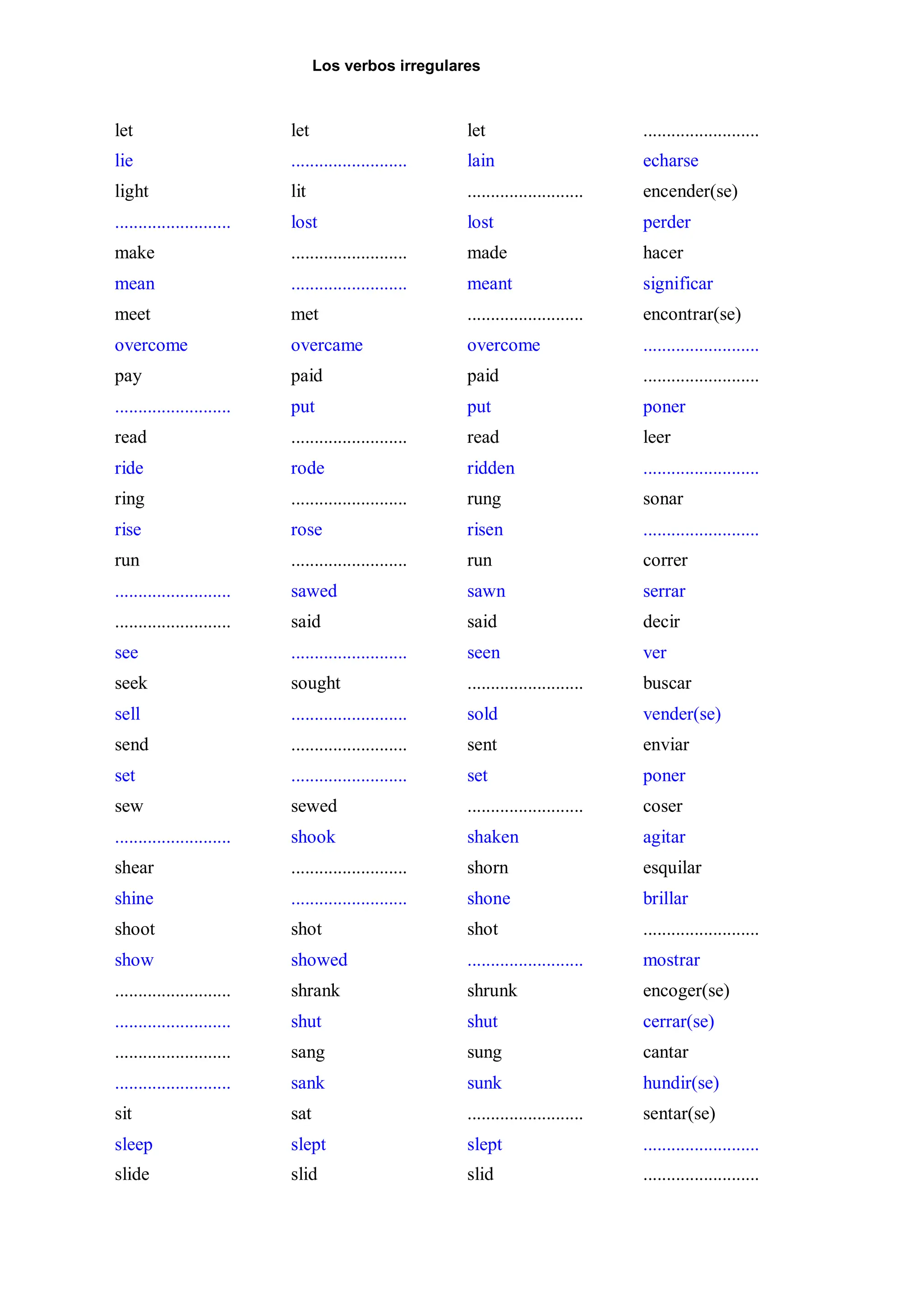 Ejercicio Verbos Irregulares En Ingles V2 Pdf