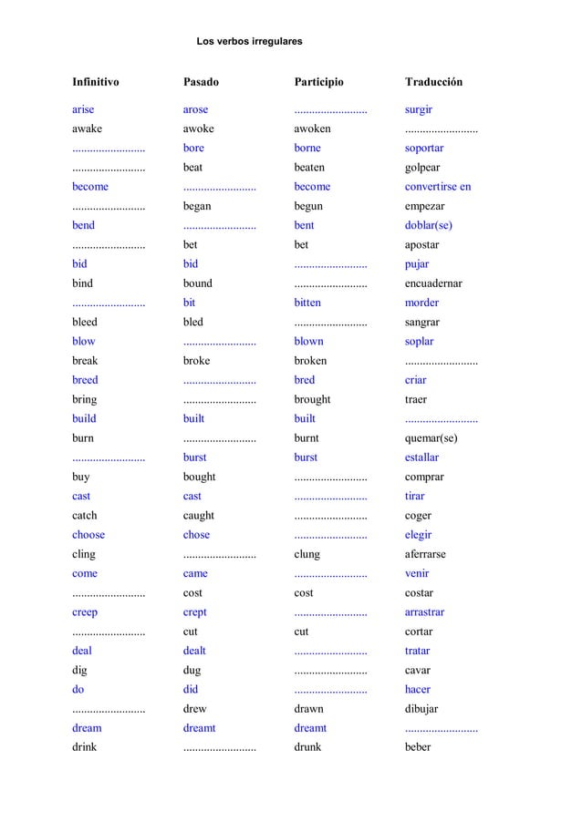 EJERCICIO VERBOS IRREGULARES EN INGLES V2 | PDF