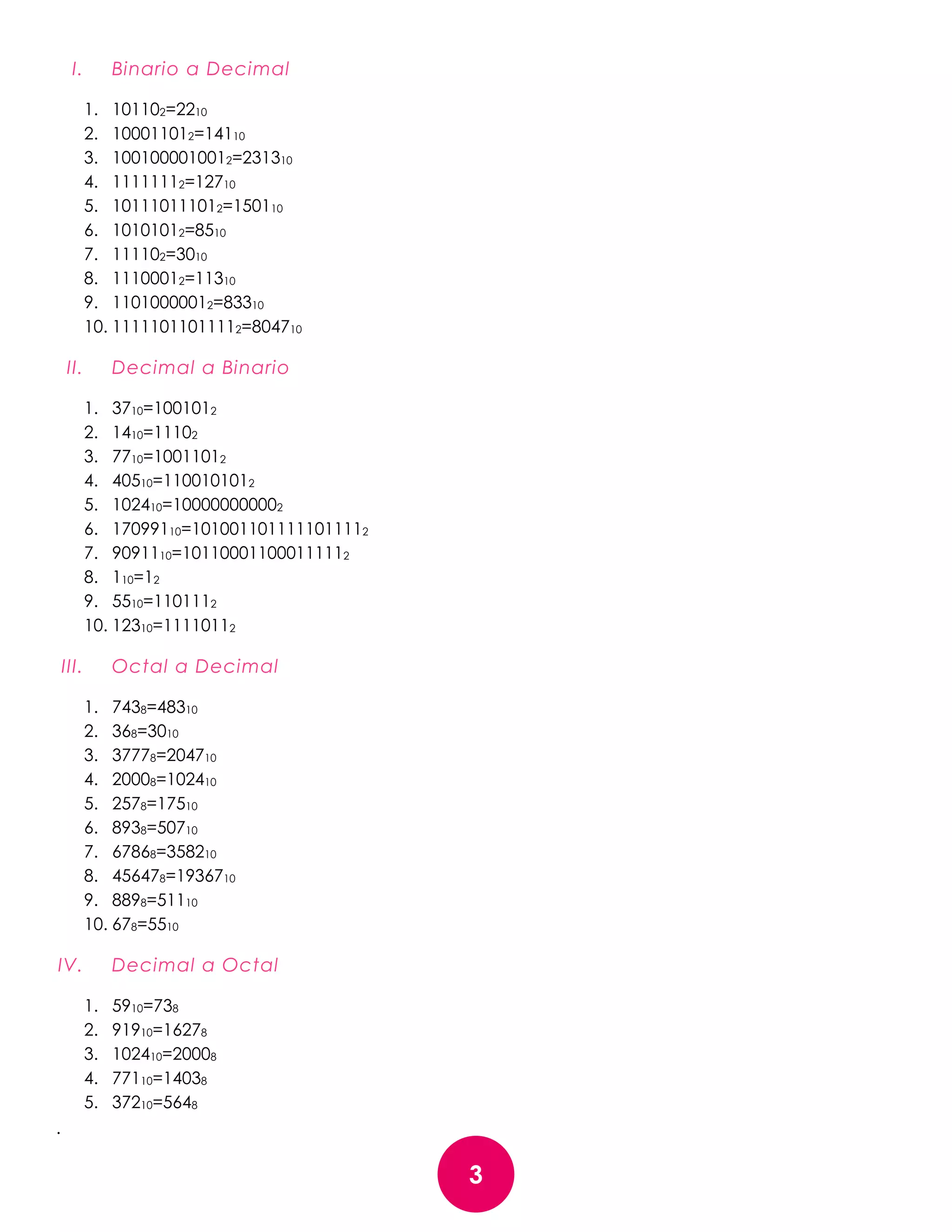 Ejercicios de conversión en Sistema Decimal,Binario,Hexadecimal | PDF