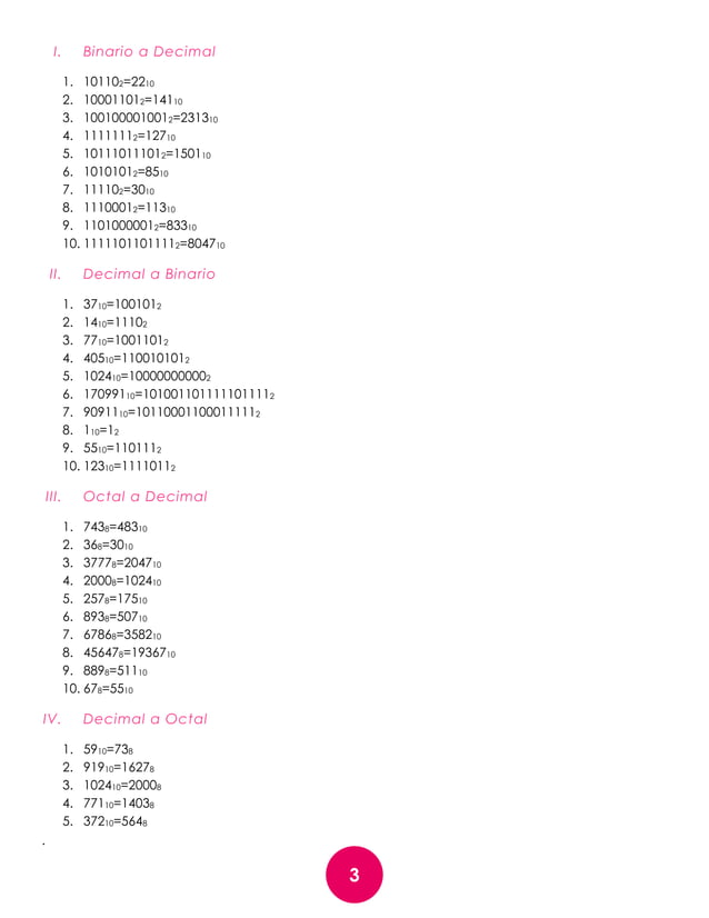 Ejercicios de conversión en Sistema Decimal,Binario,Hexadecimal | PDF