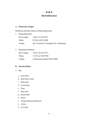 laporan praktikum Ekologi perairan di danau | DOCX