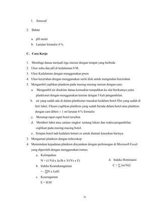 laporan praktikum Ekologi perairan di danau | DOCX