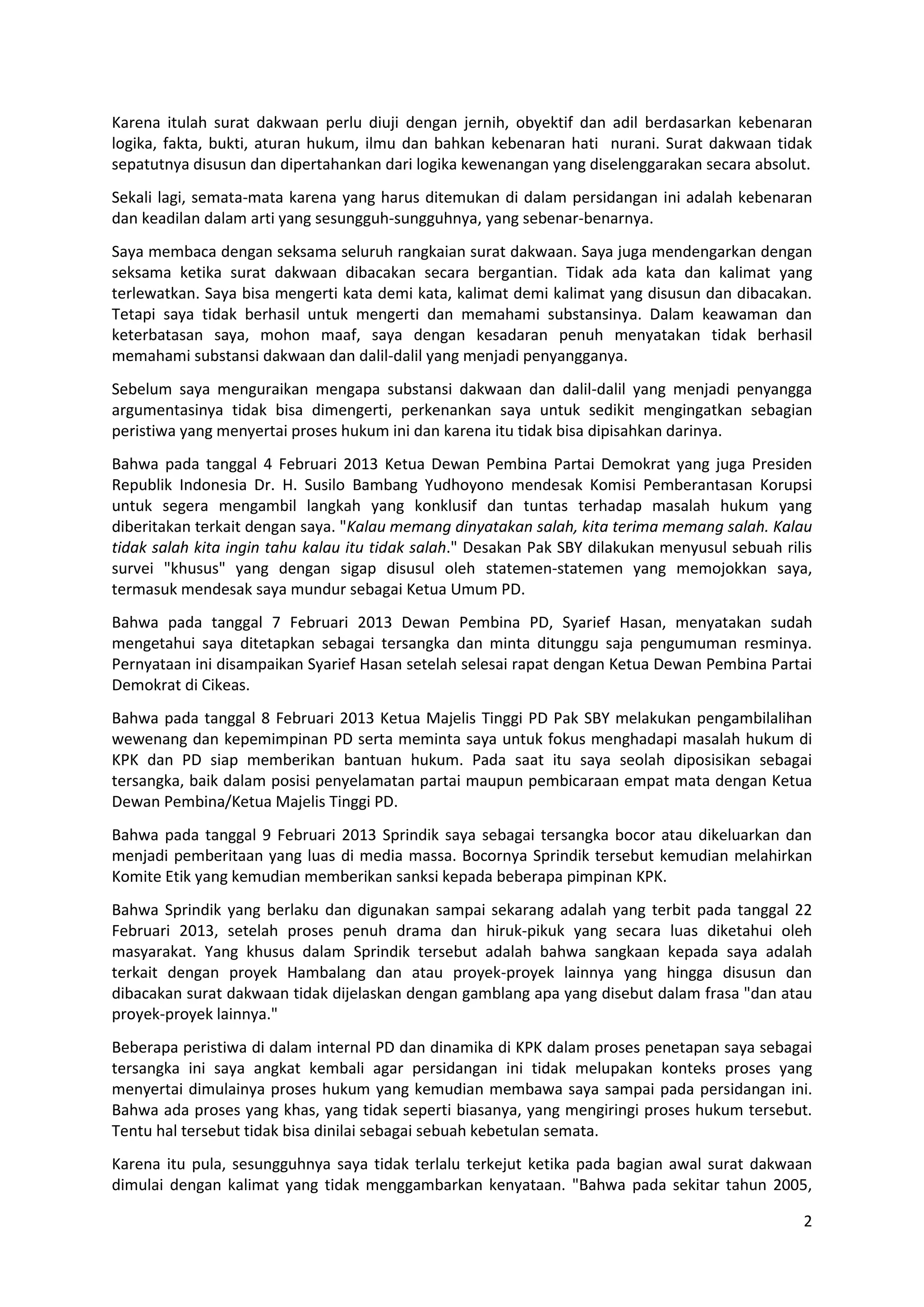 Nota Keberatan (Eksepsi) Anas Urbaningrum (sumber: peradilan.co) | PDF