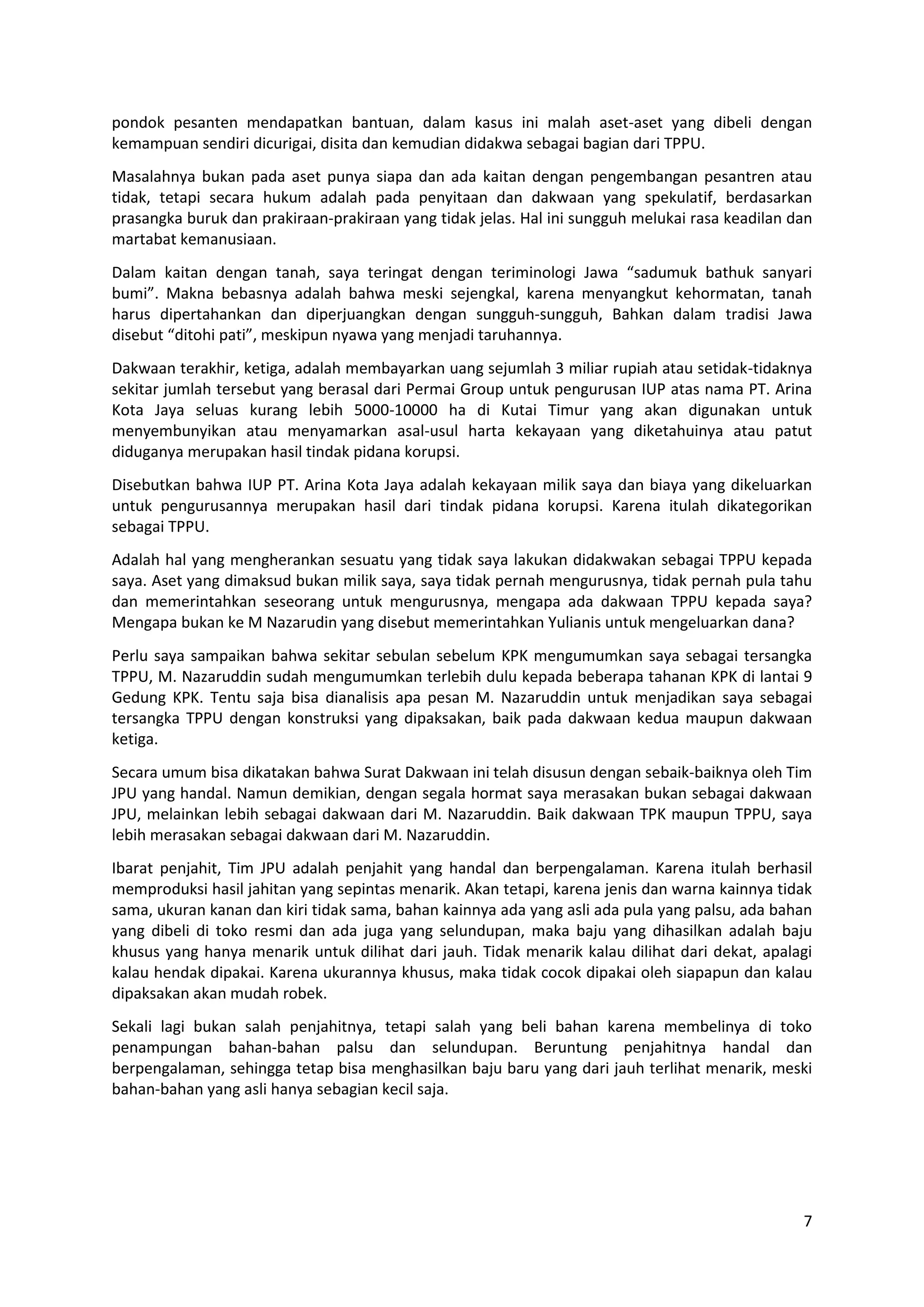 Nota Keberatan (Eksepsi) Anas Urbaningrum (sumber: peradilan.co) | PDF