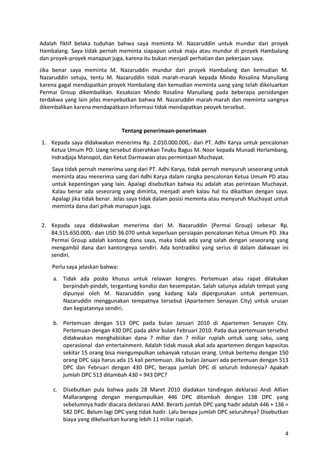 Nota Keberatan (Eksepsi) Anas Urbaningrum (sumber: peradilan.co) | PDF