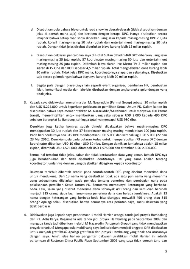 Nota Keberatan (Eksepsi) Anas Urbaningrum (sumber: peradilan.co) | PDF