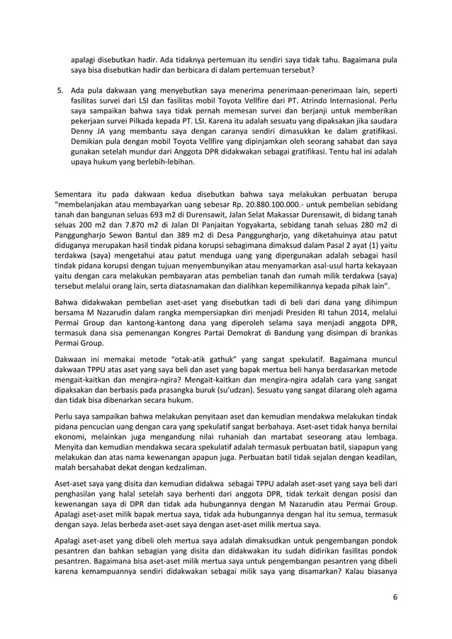 Nota Keberatan (Eksepsi) Anas Urbaningrum (sumber: peradilan.co) | PDF