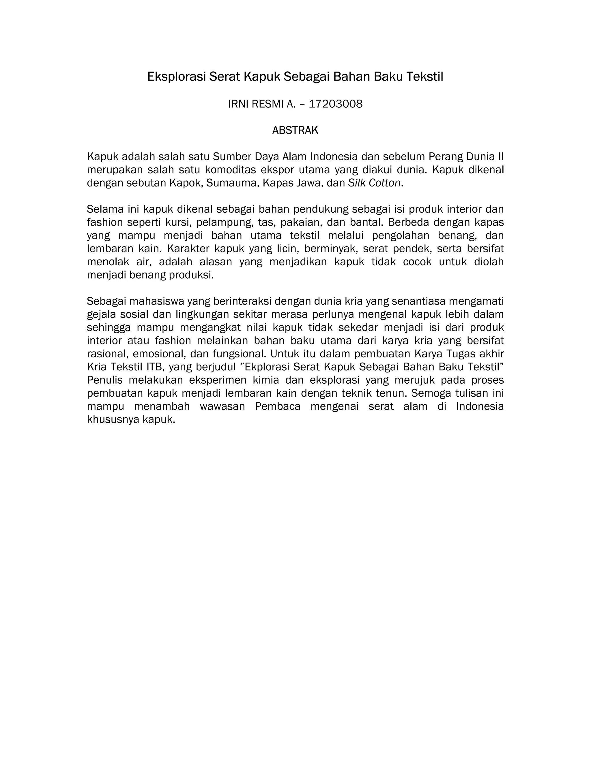Eksplorasi Serat Kapuk Sebagai Bahan Baku Tekstil Pdf