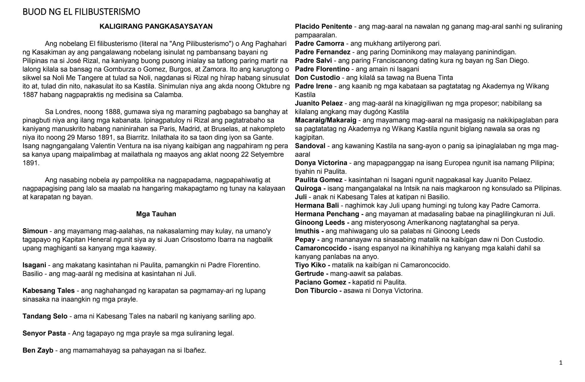 Buod ng Bawat Kabanata ng El Filibusterismo | DOCX