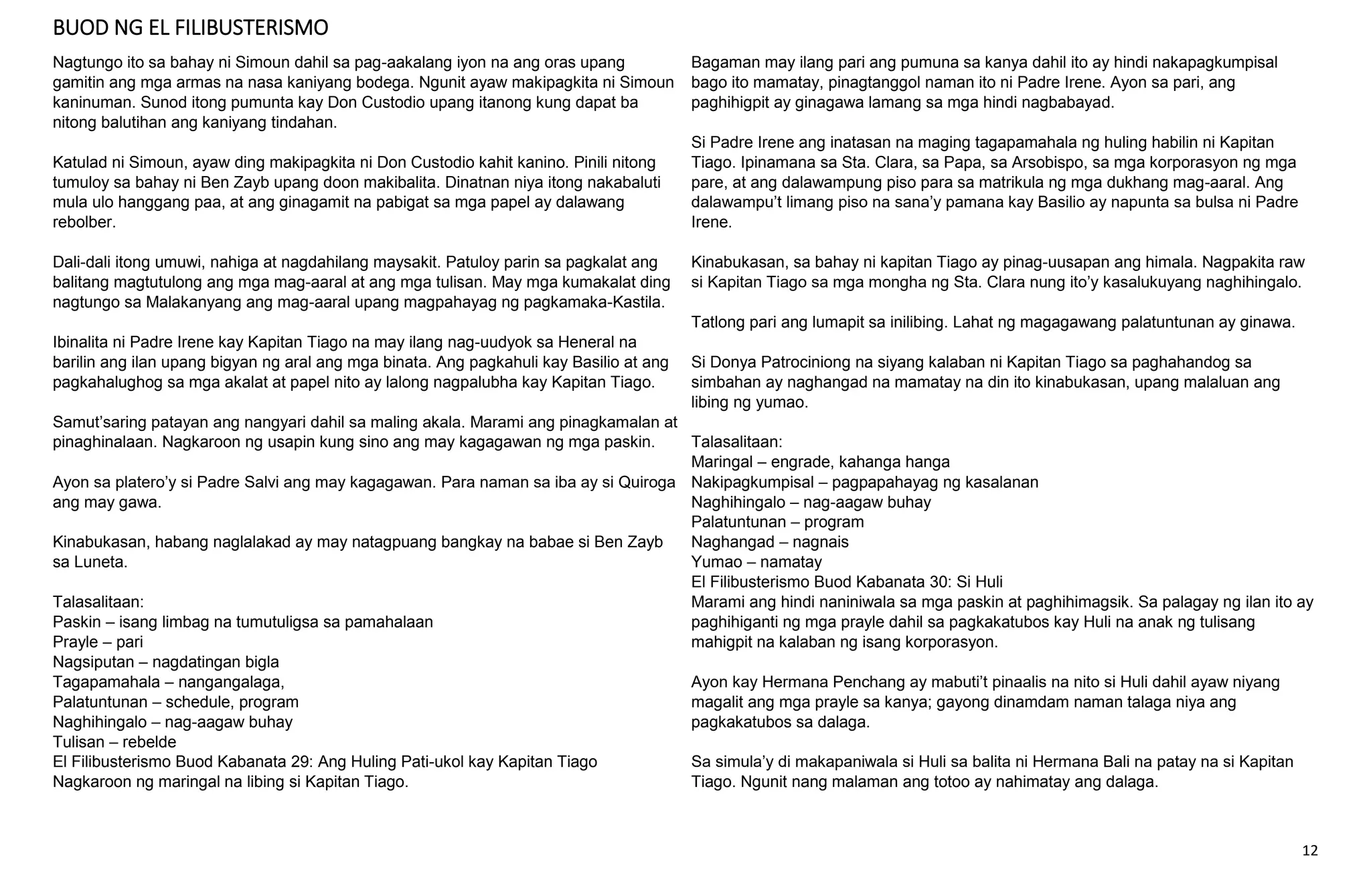 Buod ng Bawat Kabanata ng El Filibusterismo | DOCX