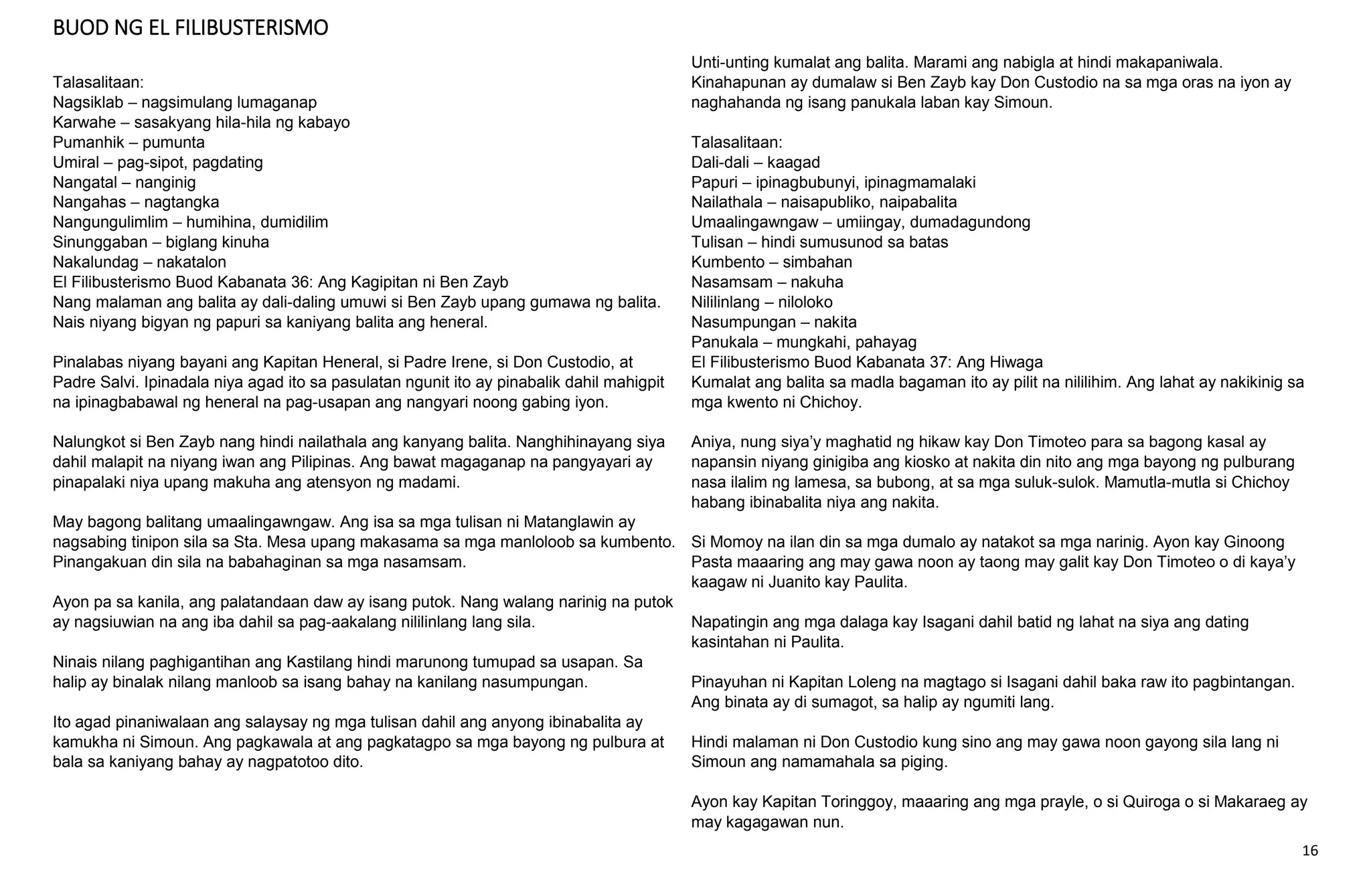 Buod ng Bawat Kabanata ng El Filibusterismo | DOCX