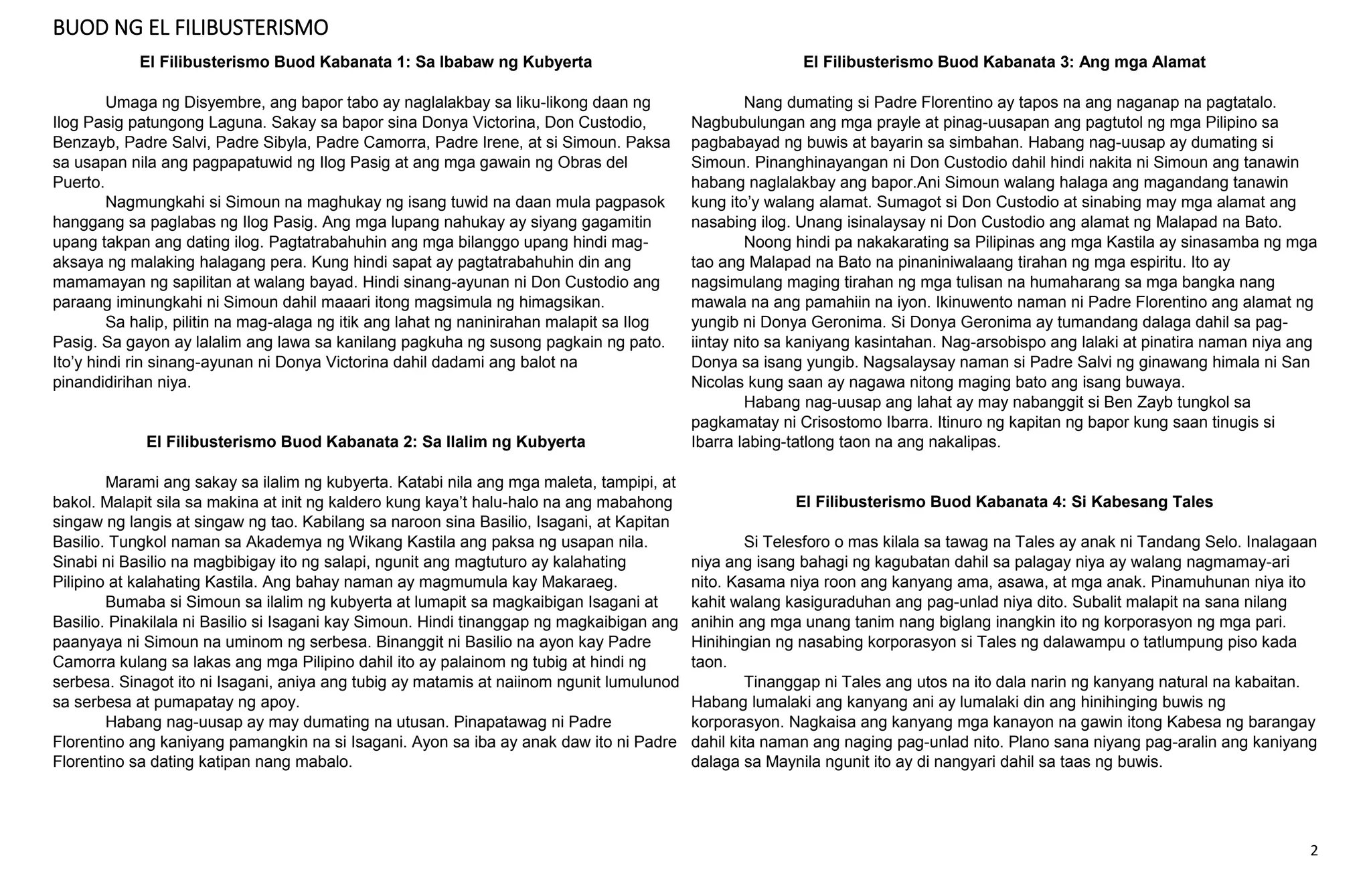 Buod ng Bawat Kabanata ng El Filibusterismo | DOCX