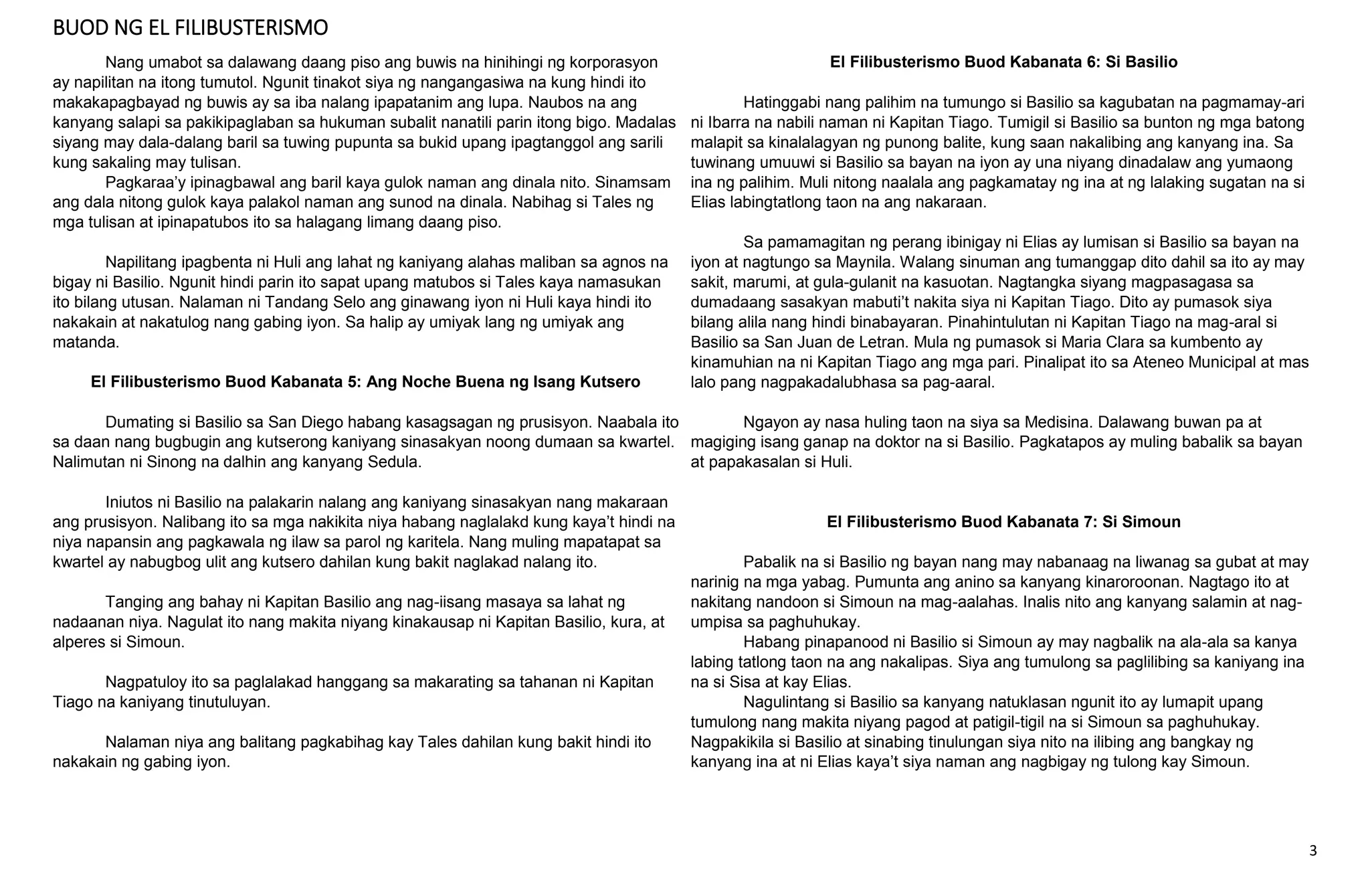 Buod ng Bawat Kabanata ng El Filibusterismo | DOCX