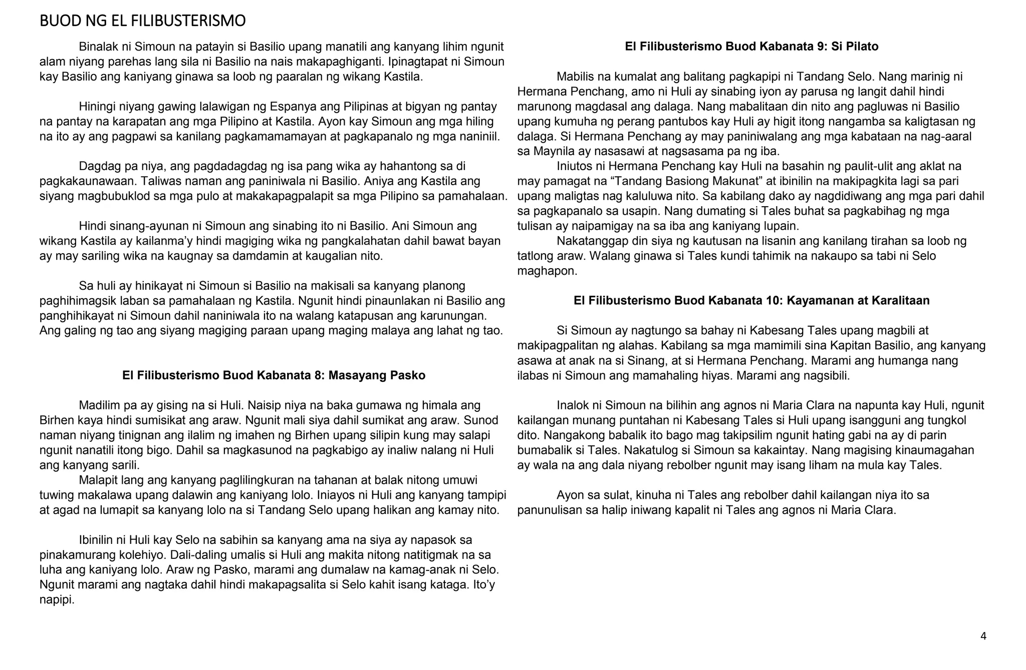 Buod ng Bawat Kabanata ng El Filibusterismo | DOCX